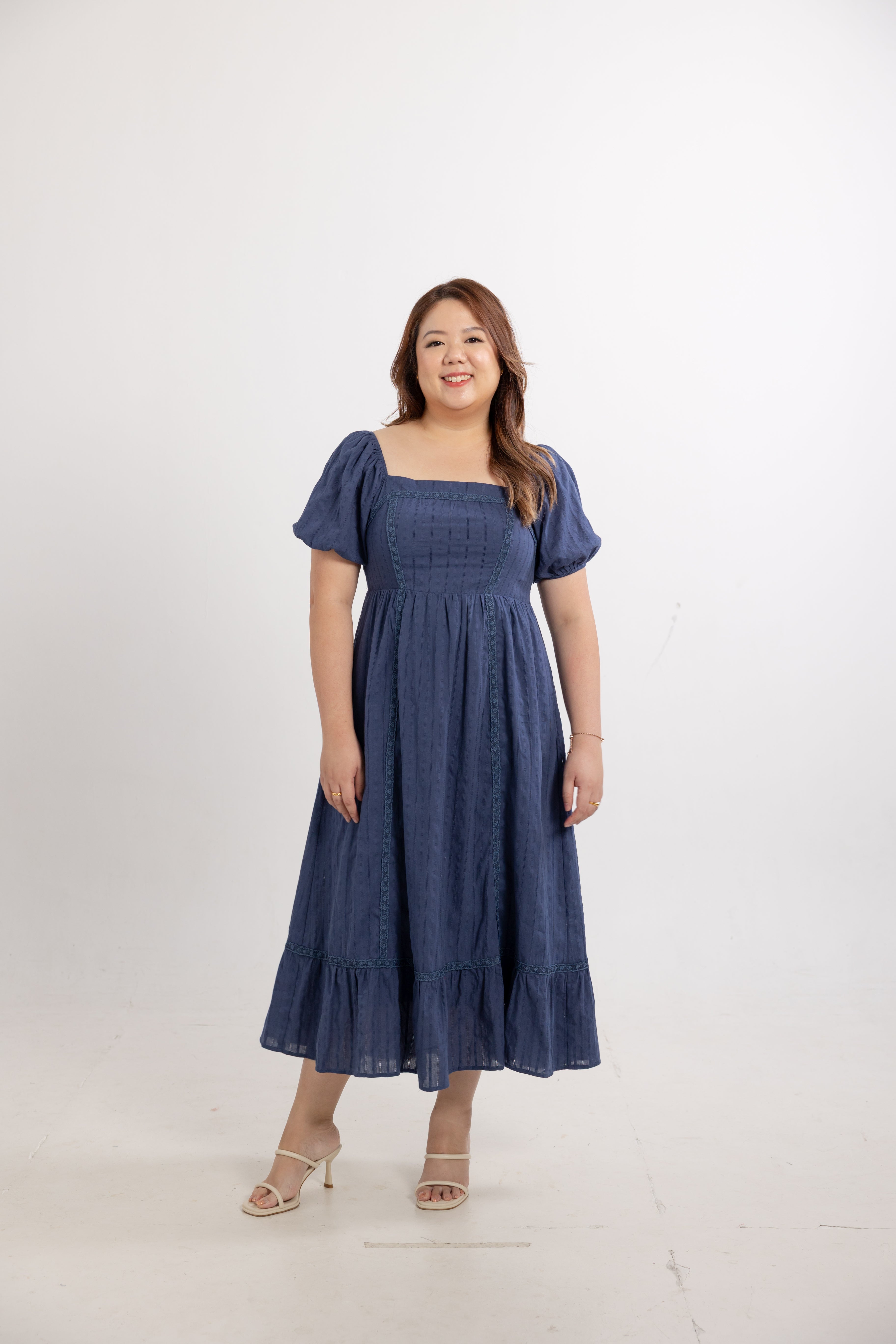 Lace Panel Smocked-back Midi Dress (Indigo Thread) – ELTWINE