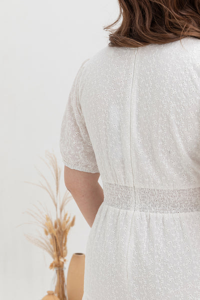 Embroidered Smocked Back Midi Dress (White) – ELTWINE